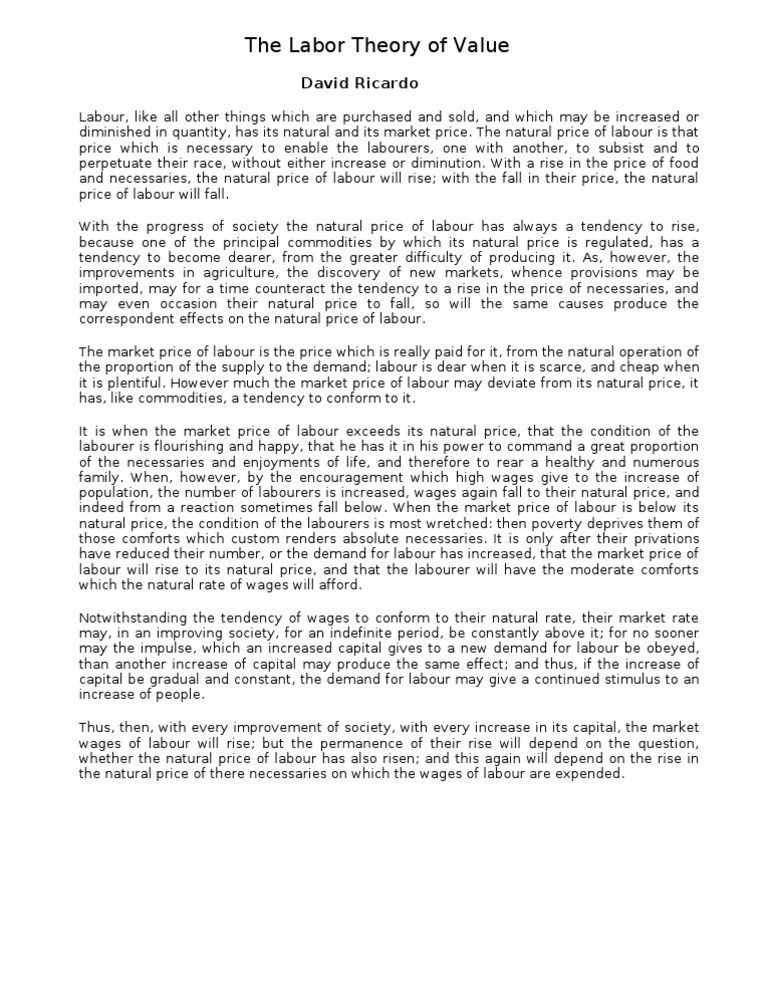 The Labor Theory of Value | PDF | Labour Economics | Value (Economics)
