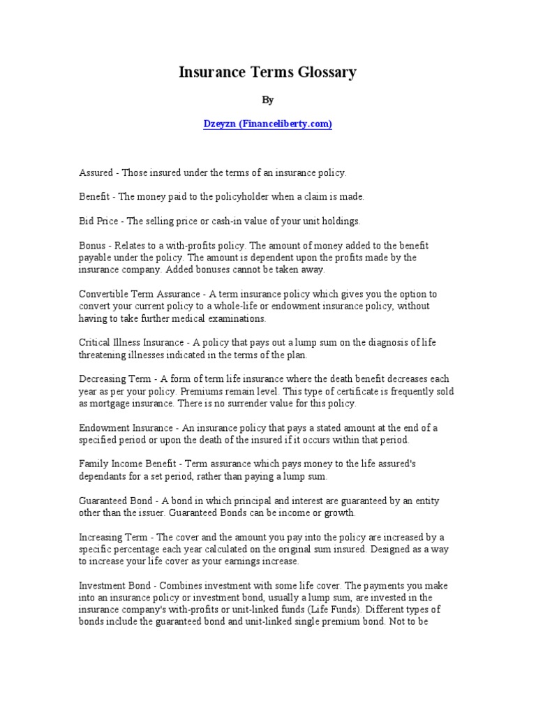 Insurance Terms Glossary - Insurance Meaning of Terms - Deffinition of ...