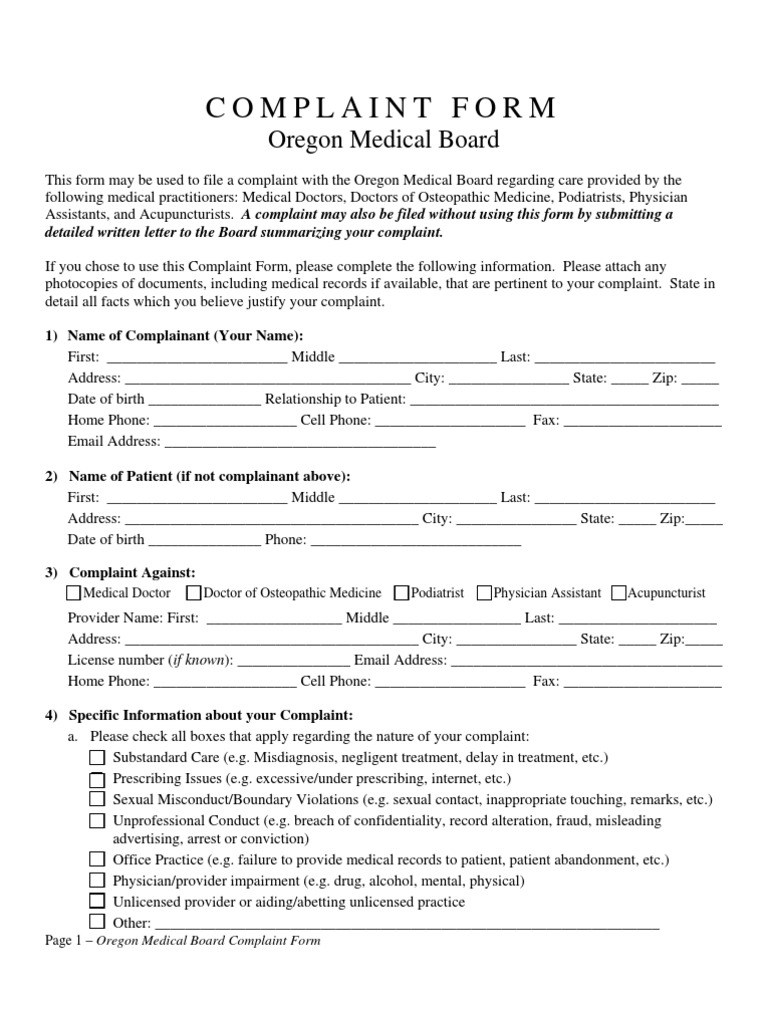 Oregon Medical Board Complaint Form | PDF | Physician | Medical Record