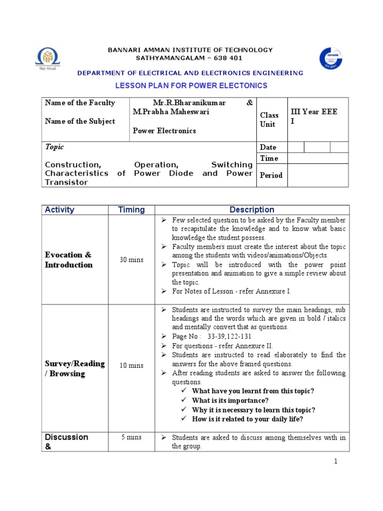 Power Electronics Lesson Plan: Diodes & Transistors | PDF | Bipolar ...