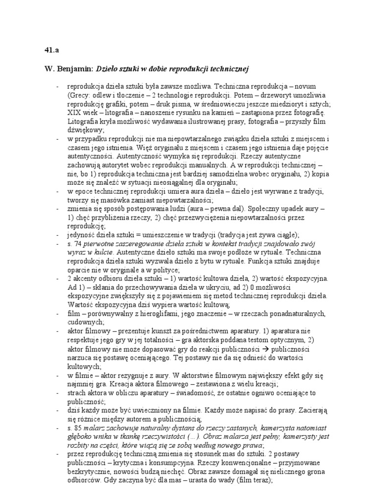 41.benjamin - Dzielo Sztuki W Dobie Reprodukcji Technicznej | PDF