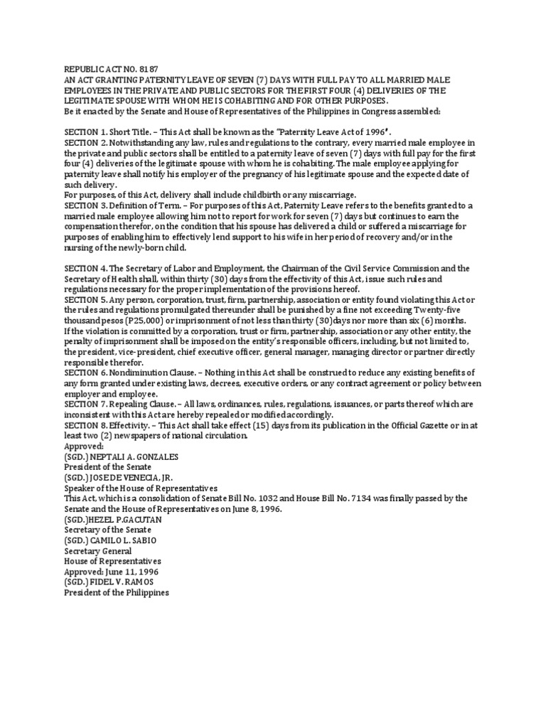 RA 8187 Paternity Leave Act | PDF