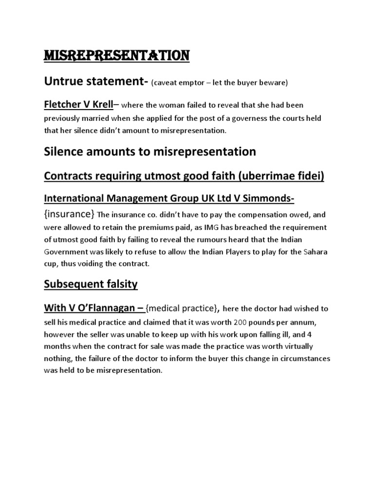 Misrepresentation Pdf Misrepresentation In English Law