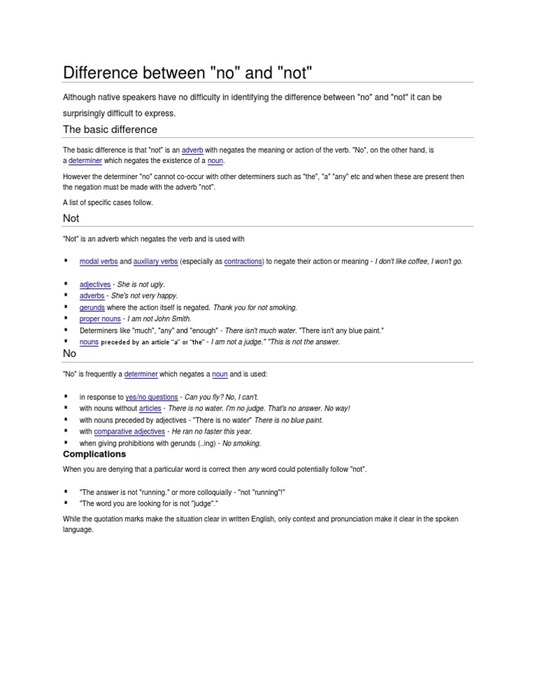 Difference Between "No" and "Not" | PDF | Verb | Adverb