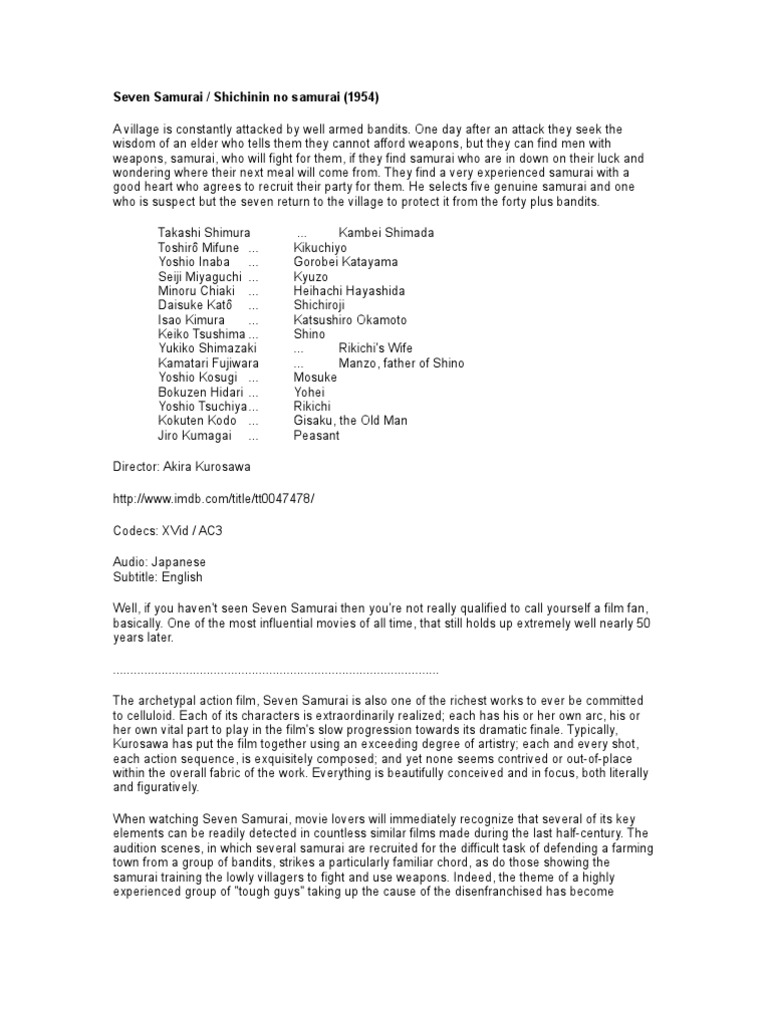 Seven Samurai (1954) | PDF | Samurai | Cinema