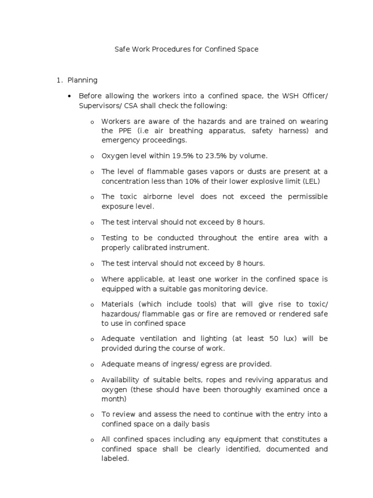 Safe Work Procedures For Confined Space | PDF | Oxygen | Safety