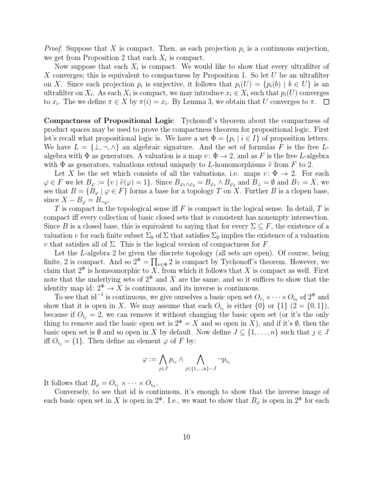 An Application of Tychonoff's Theorem, To Prove The Compactness Theorem For Propositional Logic ...
