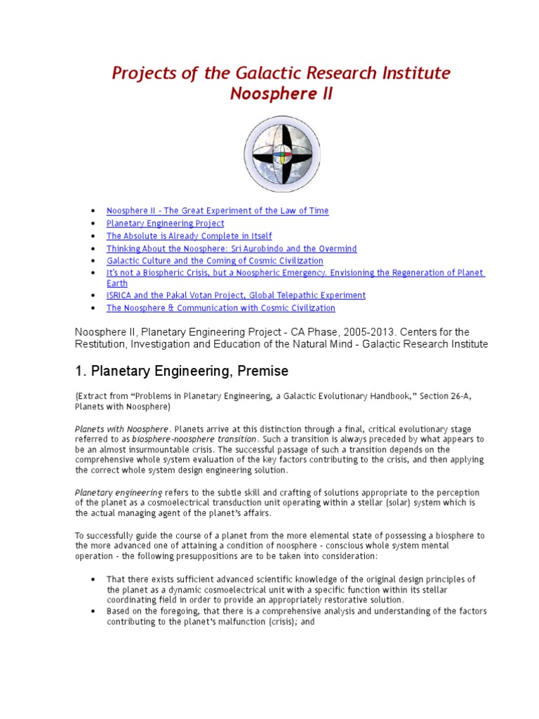 Projects of The Galactic Research Institute - NOOSPHERE II | PDF | Time ...