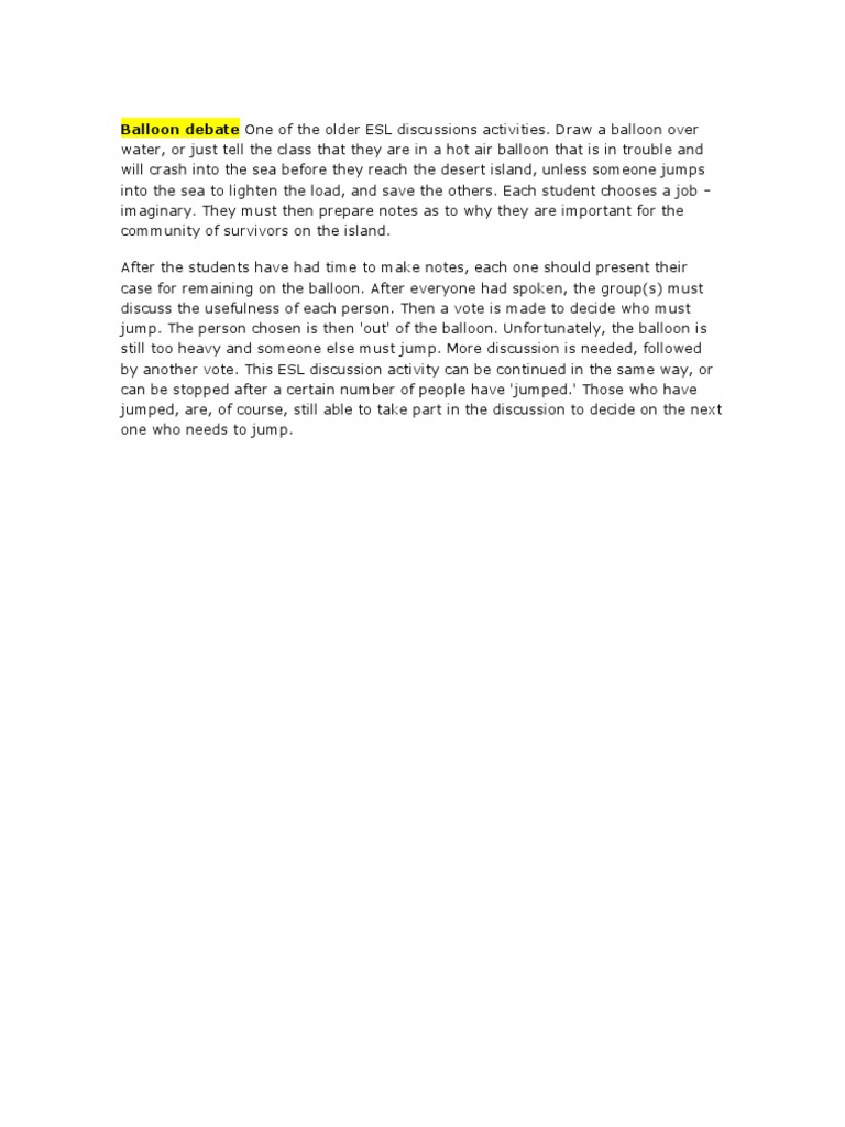 Hot Air Balloon Debate Activity | PDF