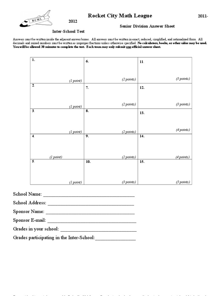 Rocket City Math League: 2011-2012 Senior Division Answer Sheet Inter ...