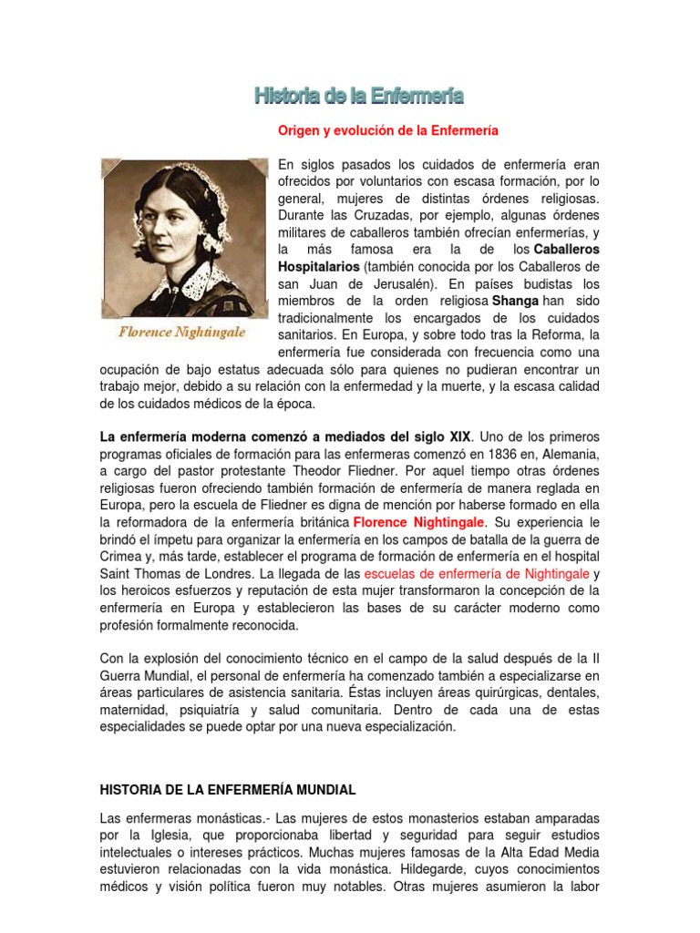 Origen Y Evolución De La Enfermería Pdf Enfermería Ruiseñor De
