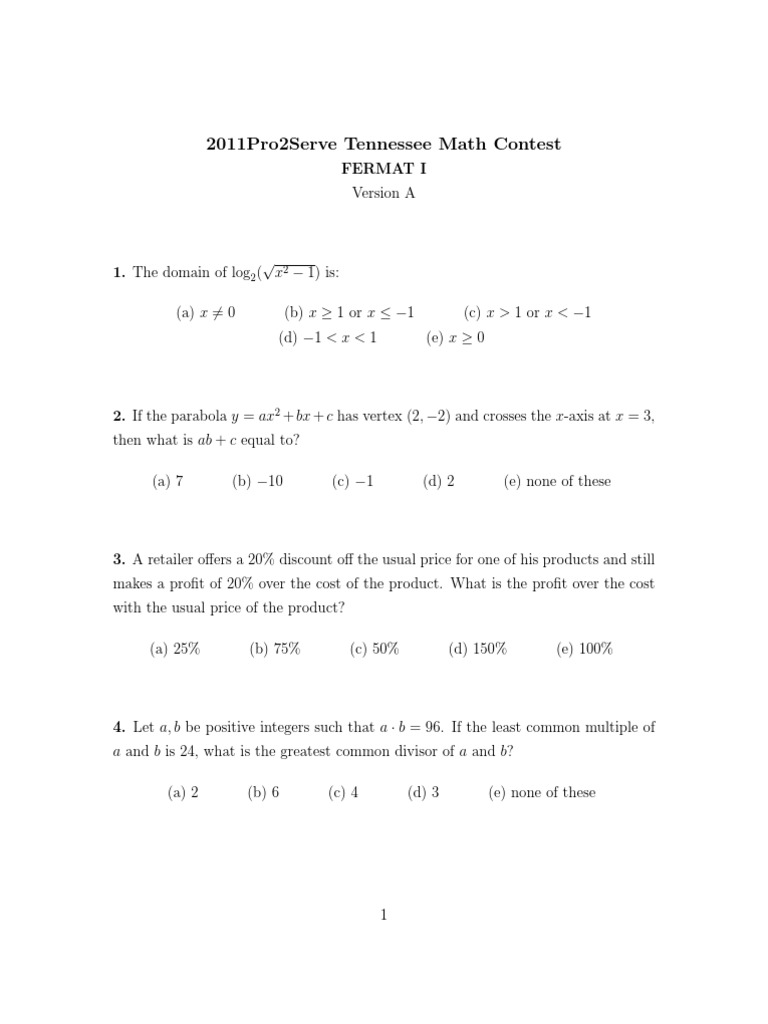 2011Pro2Serve Tennessee Math Contest | PDF | Triangle | Discrete ...