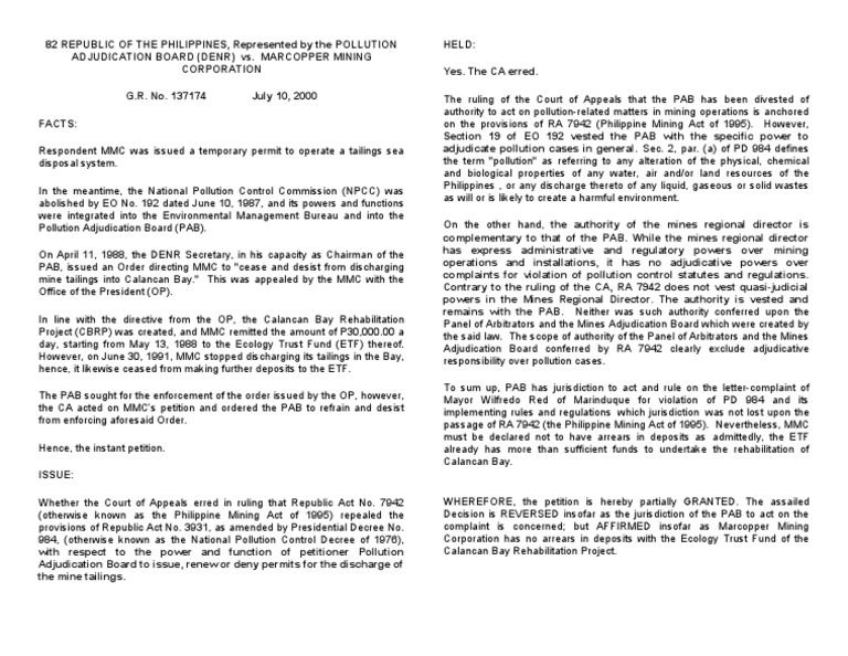 PAB vs. Marcopper Mining: Pollution Jurisdiction | PDF | Mining ...