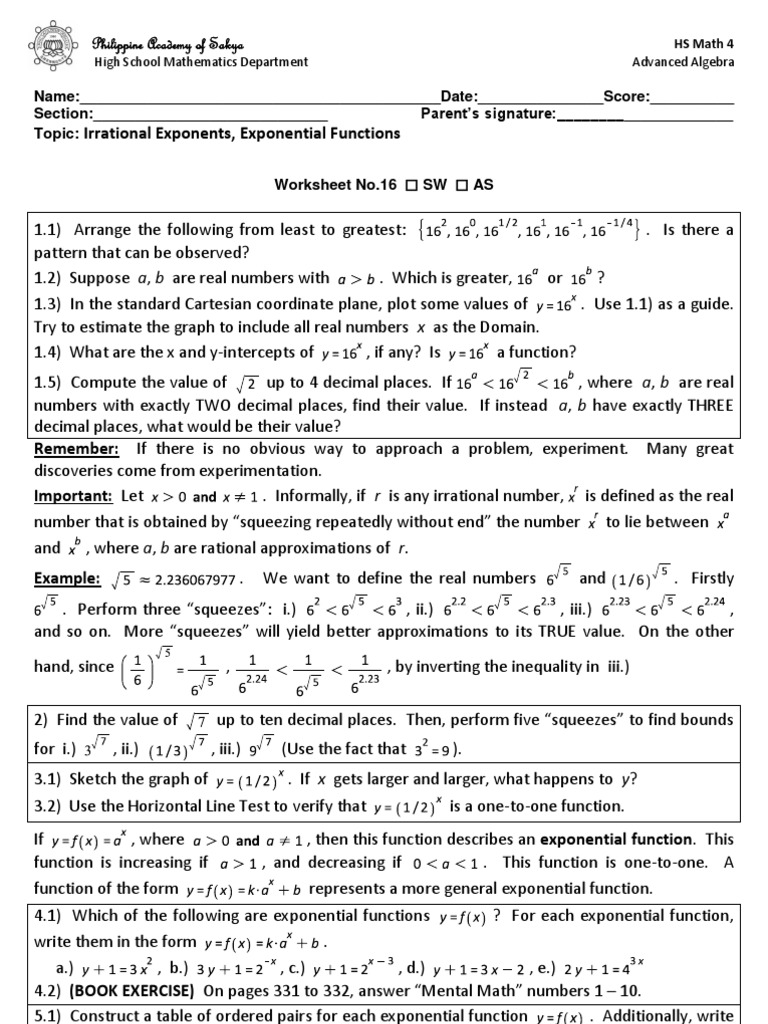 WS16-Irrational Exponents and Exponential Functions | PDF ...