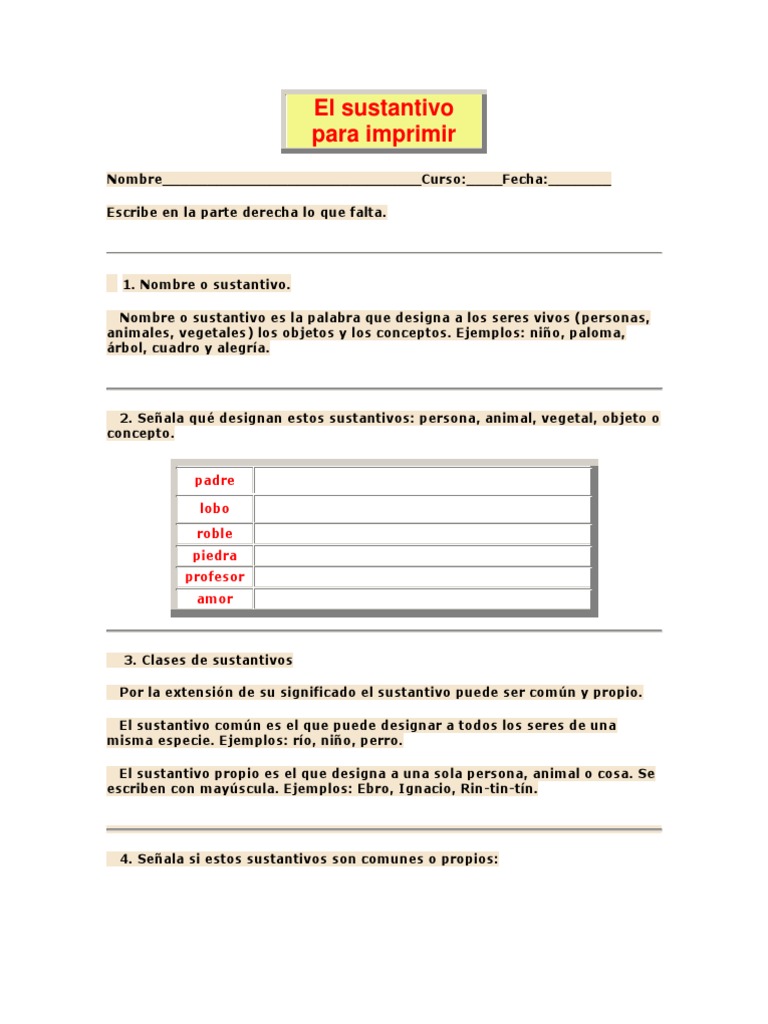 Ejercicios de Sustantivos para Imprimir | PDF