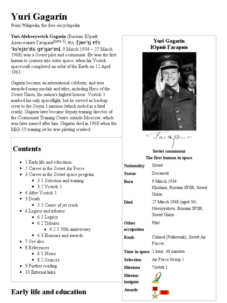 Yuri Gagarin - Wikipedia, The Free Encyclopedia | Astronautics | Outer ...
