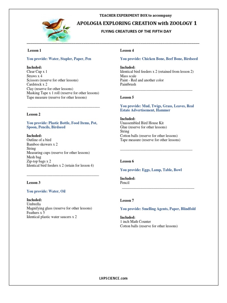 Apologia ZOOLOGY 1 Supplies by Lesson | PDF | Spoon | Plastic