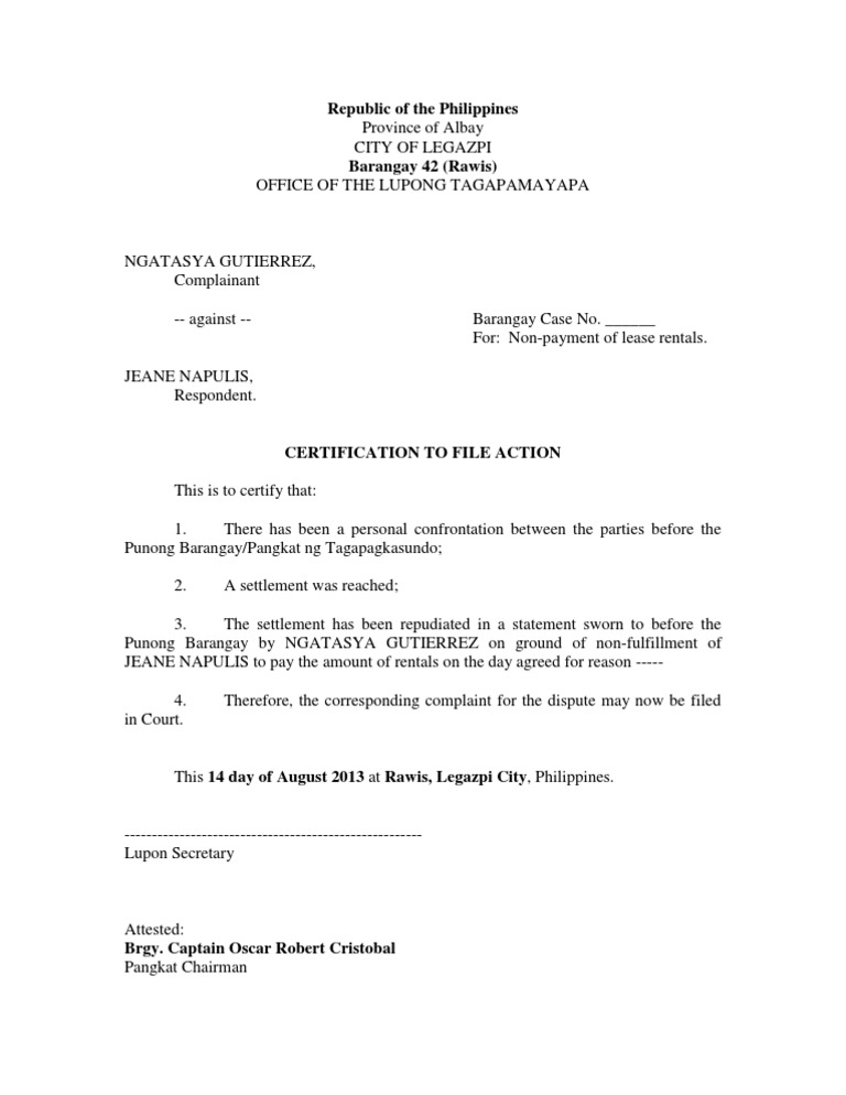 Certification to File Action in Barangay | PDF