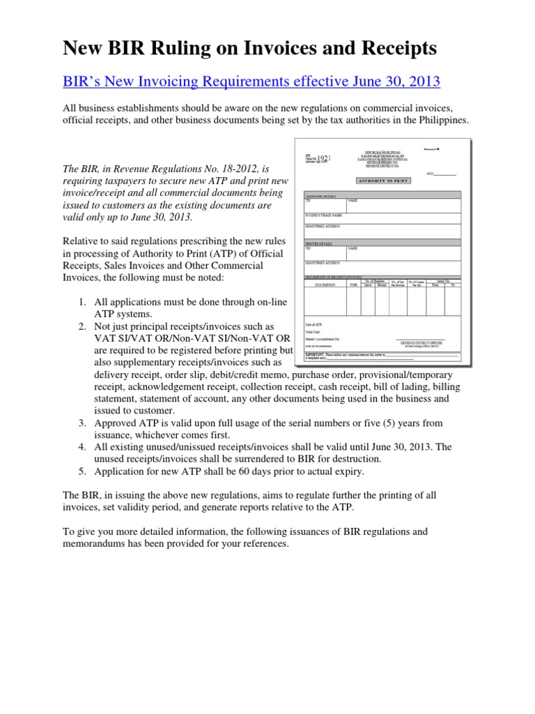 BIR's New Invoicing Requirements Effective June 30, 2013 | PDF ...