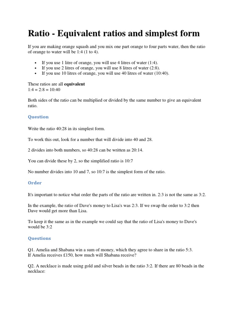 Ratio - Equivalent Ratios and Simplest Form | PDF | Ratio ...