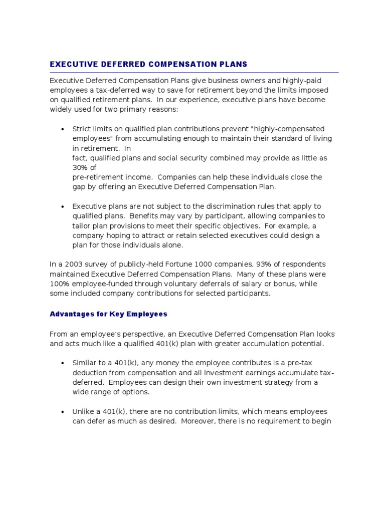 Executive Deferred Comp Plan | PDF | Deferred Compensation | 401(K)