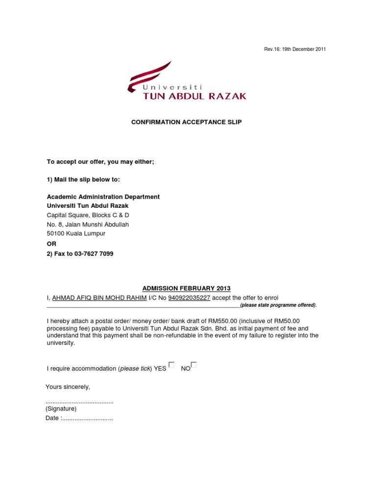 Offer Letter Unirazak | PDF | Money Order | Cheque