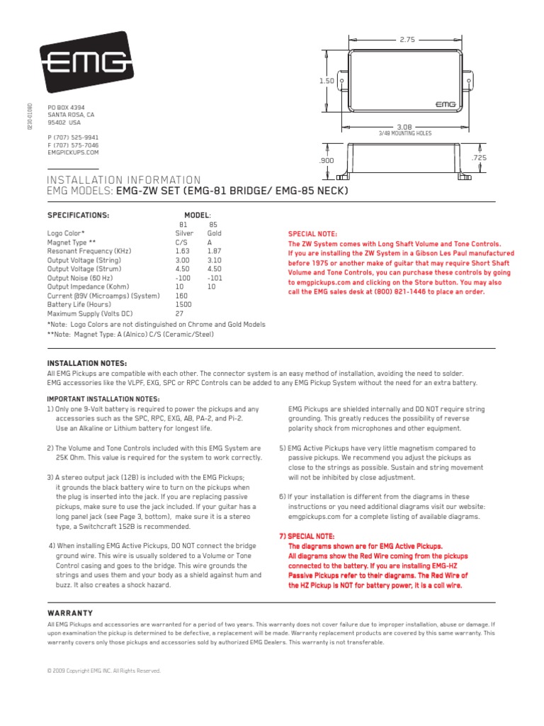 Installation Information Emg Models: Emg-Zw Set (Emg-81 Bridge/ Emg-85 ...