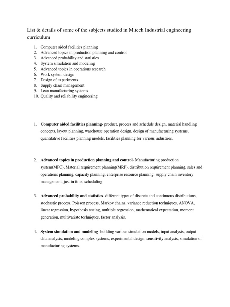 List & Details of Some of The Subjects Studied in M.tech Industrial ...