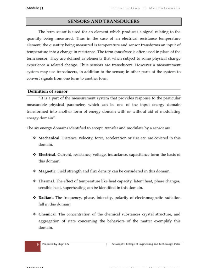 Sensors and Transducers: Introduction To Mechatronics | PDF | Actuator | Control System