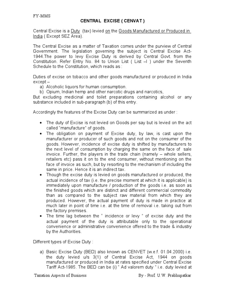 CENVAT & Mechanism of CENVAT Credit | PDF