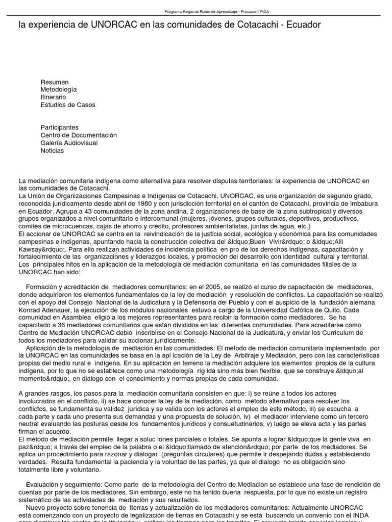 4 - UNORCAC, La Unión de Organizaciones Campesinas e Indígenas de Cotacachi | PDF | Mediación ...