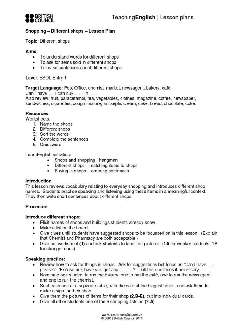 Shopping Different Shops Lesson Plan | PDF | Lesson Plan | Vocabulary