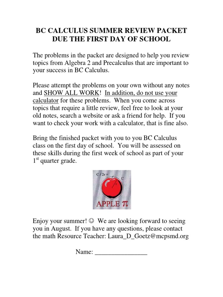 Summer Packet For BC Calc | PDF | Logarithm | Space