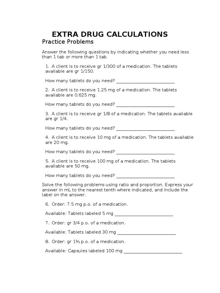 Drug Calculation Practice Problems | PDF | Kilogram | Dose (Biochemistry)