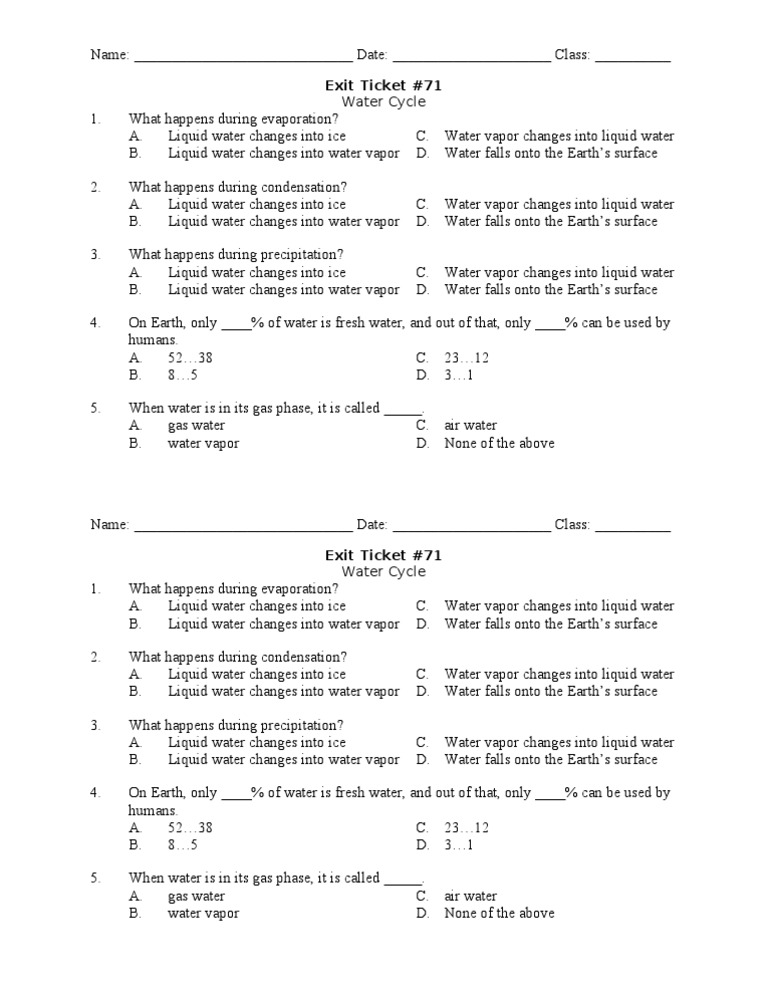 Exit Ticket #71 Water Cycle | PDF