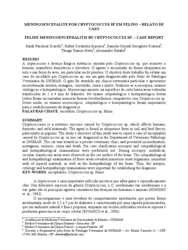 Criptococose Felina: Relato de Caso | PDF | Medicina Veterinária | Gatos