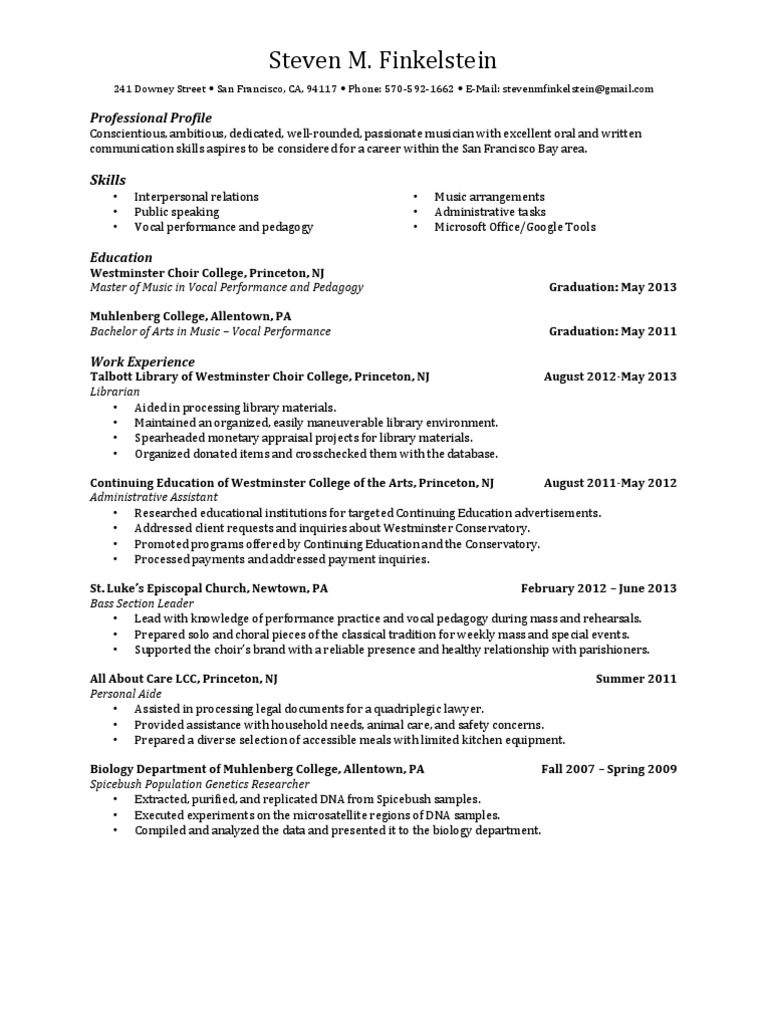 Steven M. Finkelstein Resume | PDF | Choir | Performing Arts