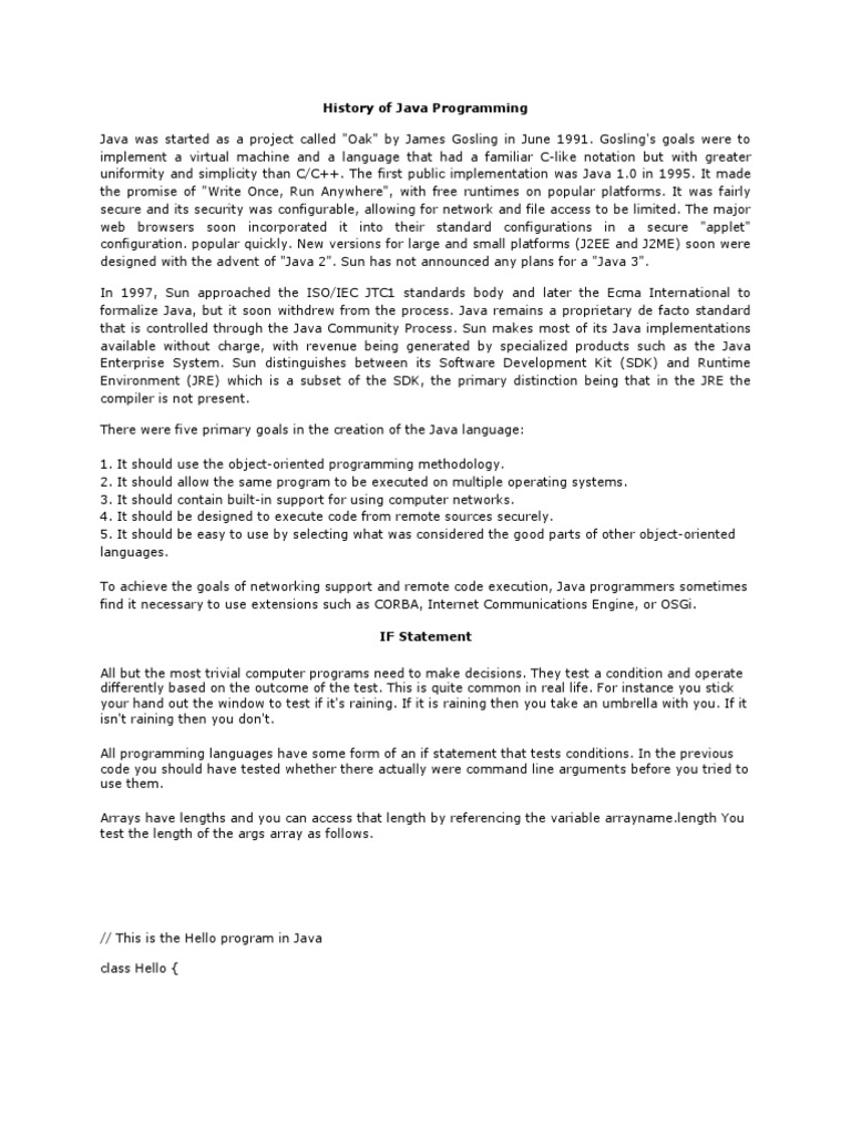 History of Java Programming | PDF | Control Flow | Java (Programming ...