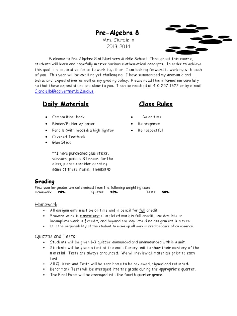 Pre-Algebra 8 2013 Welcome Letter | PDF | Homework | Test (Assessment)