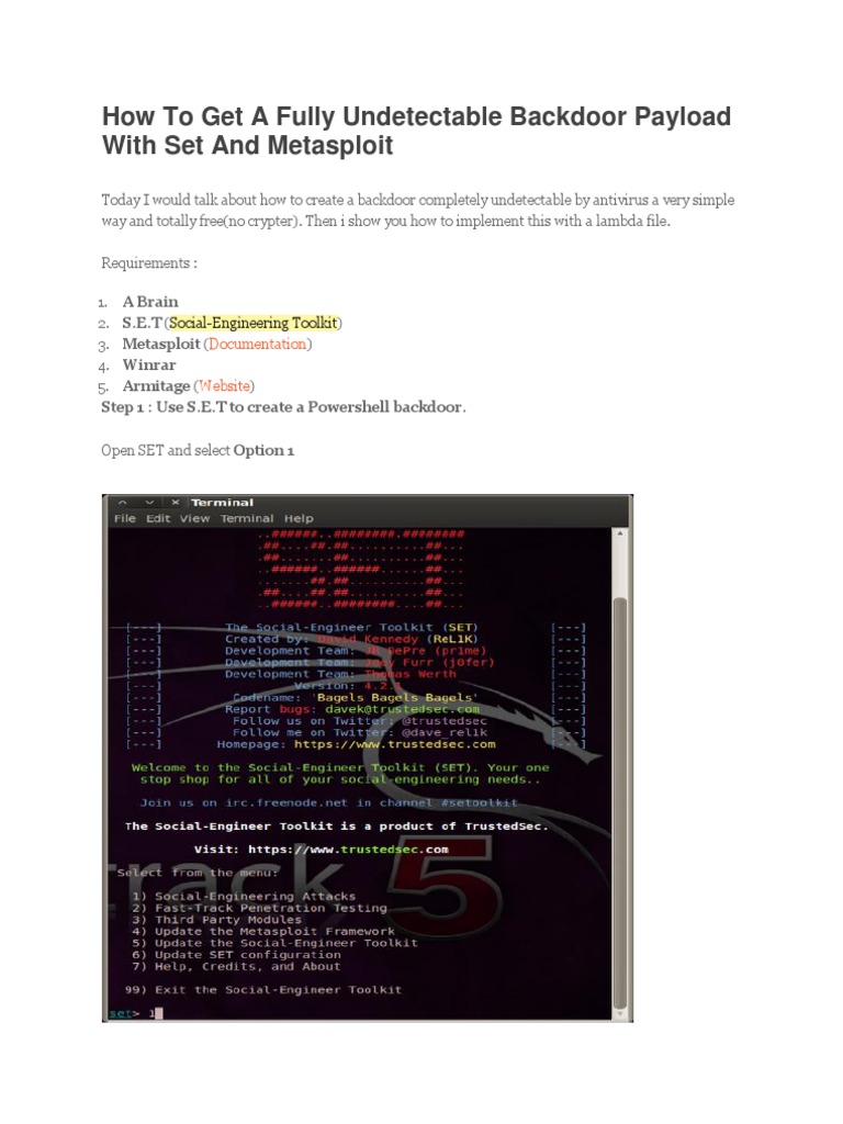 How To Get A Fully Undetectable Backdoor Payload With Set and Metasploit | PDF