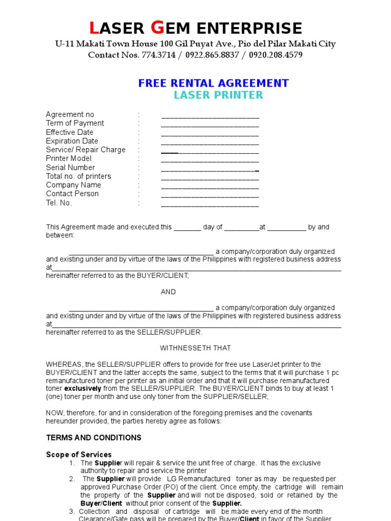 3 Free Rental Sample Contract | PDF | Printer (Computing) | Prices