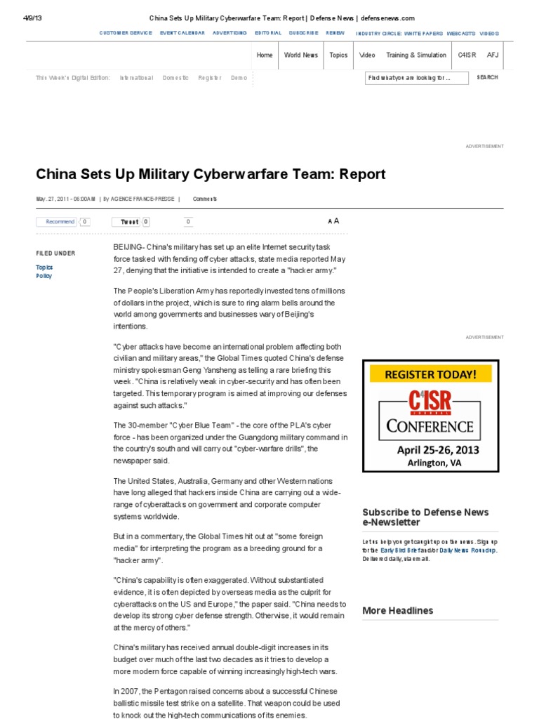 China Sets Up Military Cyberwarfare Team - Report - Defense News ...