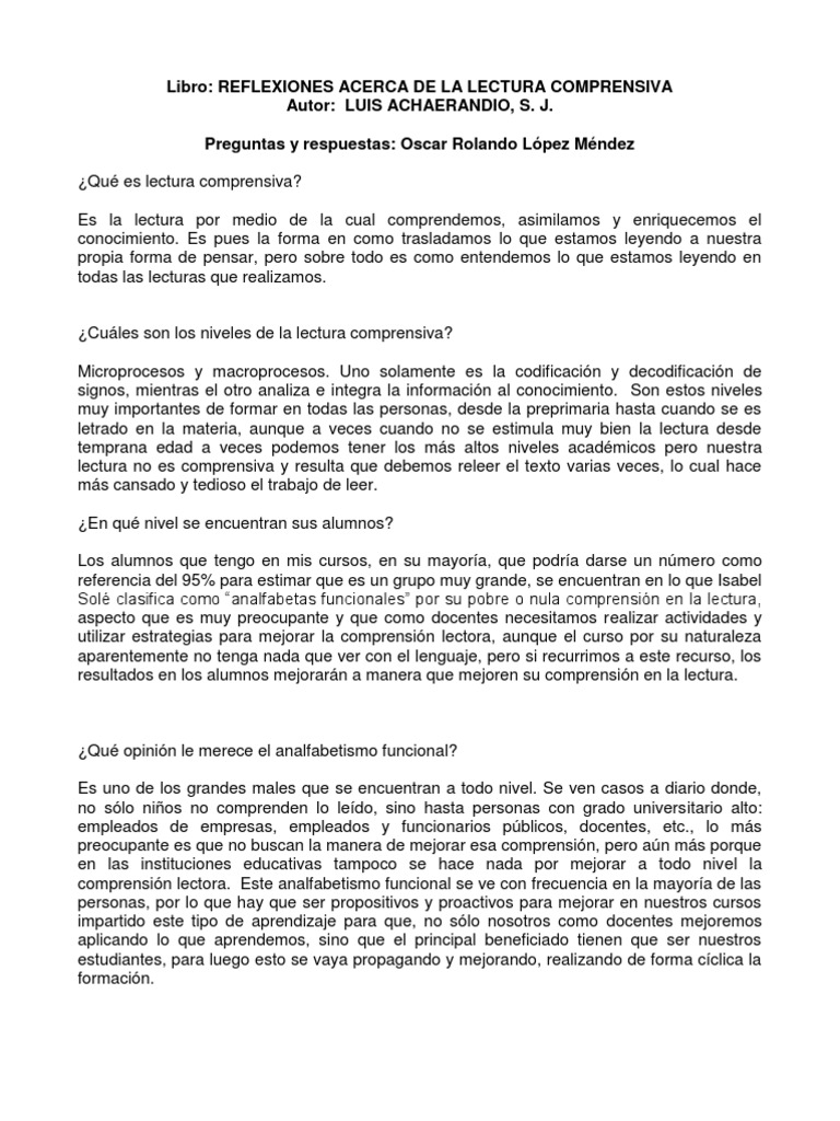 Preguntas y Respuestas Acerca de La Lectura Comprensiva | PDF ...
