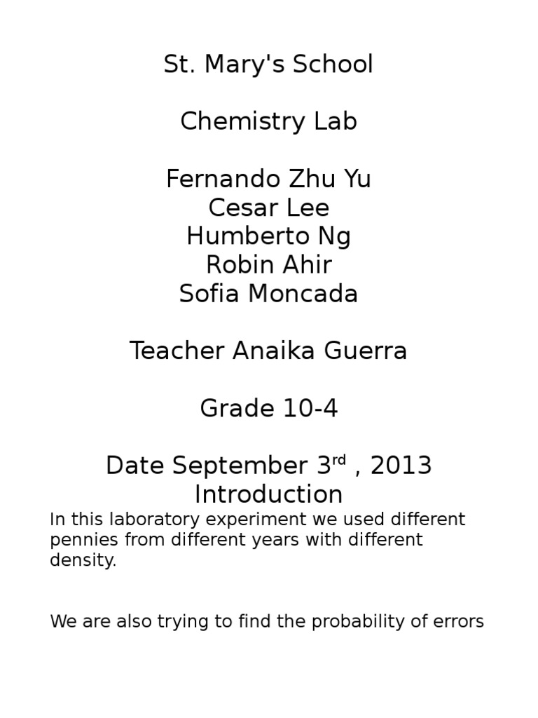Chemistry Lab Pennies 1982 | Download Free PDF | Density | Accuracy And ...
