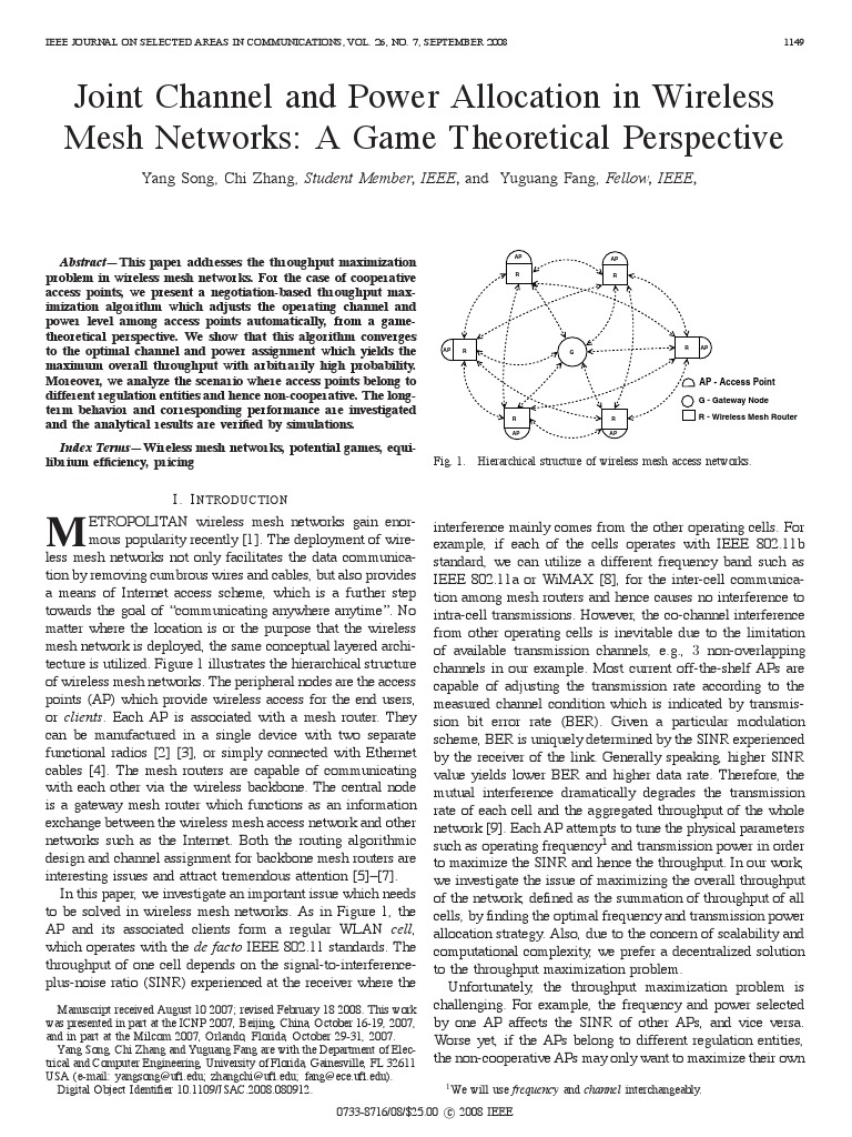 Joint Channel and Power Allocation in Wireless Mesh Networks: A Game Theoretical Perspective ...
