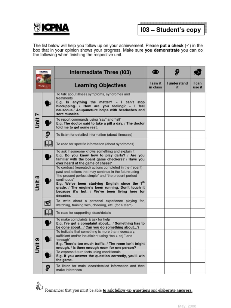 Intermediate English Learning Checklist | PDF