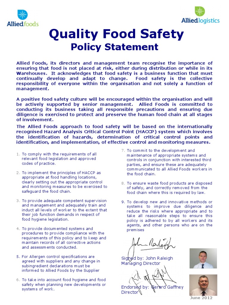 Food Safety Statement June 2012 | Download Free PDF | Food Safety | Safety