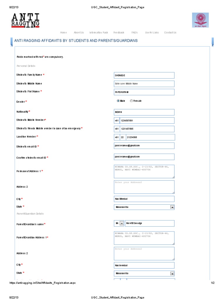UGC Anti-Ragging Affidavit Registration | PDF