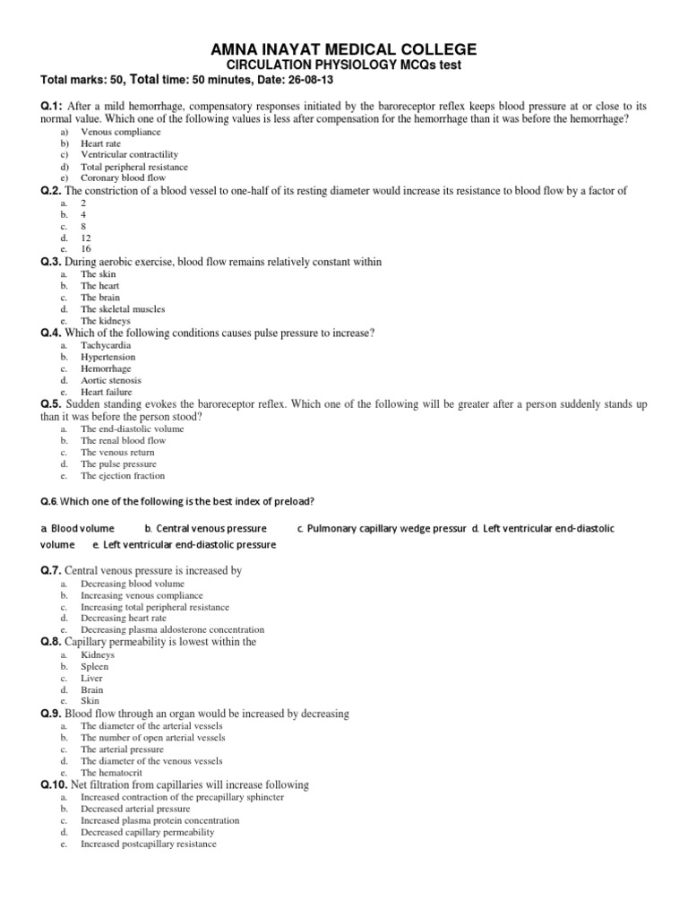 Circulation Physiology MCQs Test | PDF | Circulatory System | Blood ...