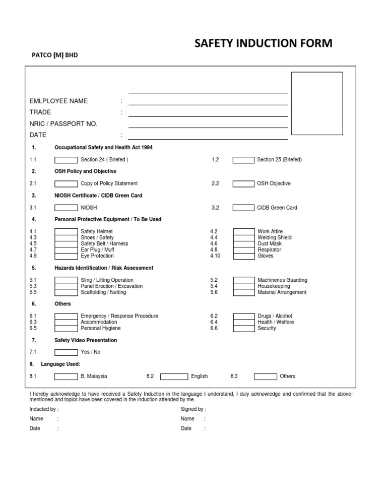 Safety Induction Form Template | PDF | Technology & Engineering